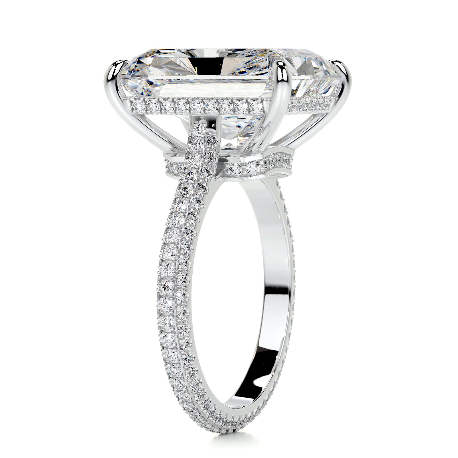 Cher Moissanite & Diamond Ring -14K White Gold, Hidden Halo, Radiant, 7.25 Carat – Best Brilliance